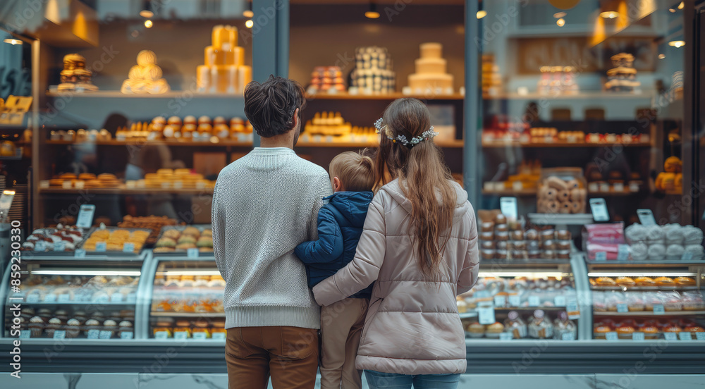 Mom, father and kid standing in a row in front of a single storefront ...