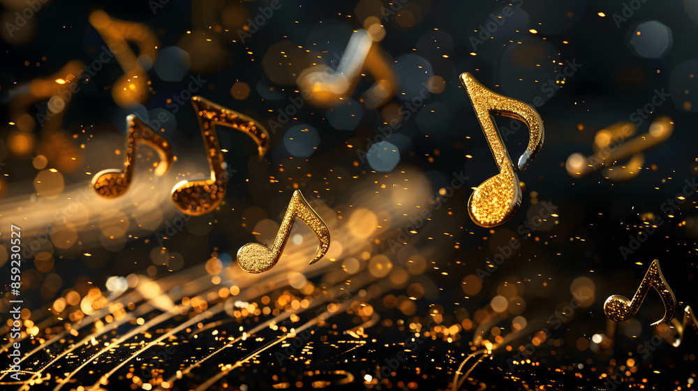 Gold musical notes flying in the air on black background with copy ...