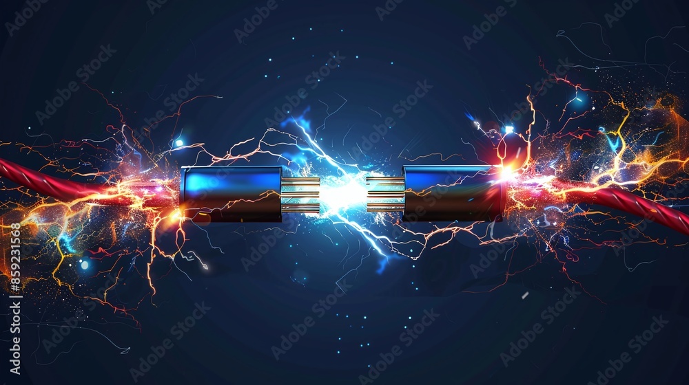 Electrical cable break with electric discharge. Power line damage ...