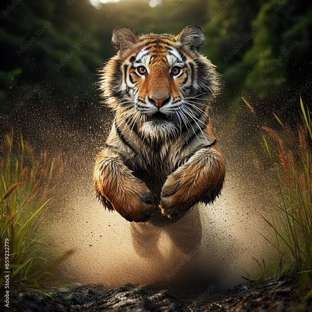 High-speed photography of a tiger Jumping in the tall grass, motion ...