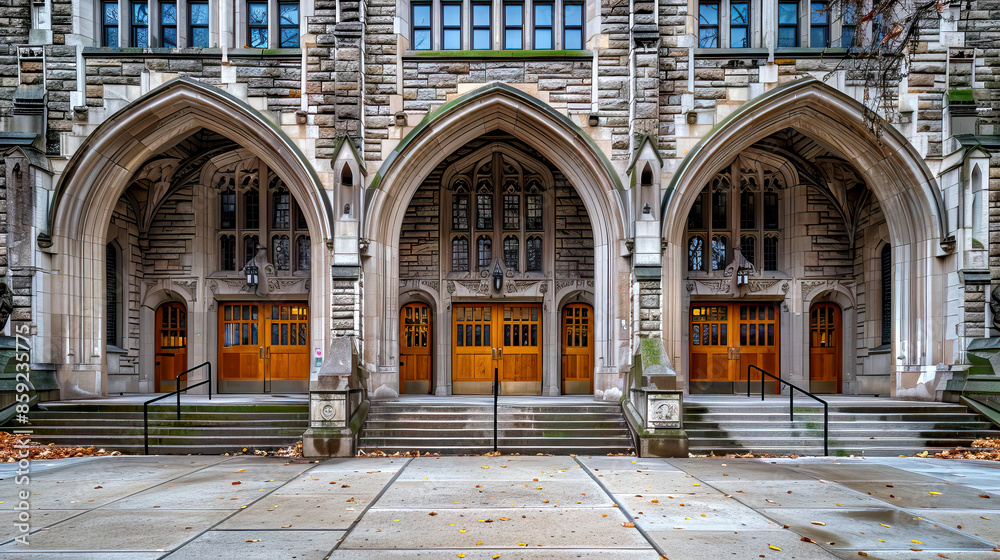 Urban stone arch gothic architecture building entrance, wooden doors ...