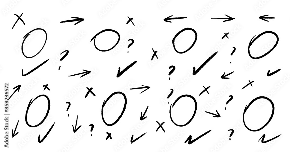 Hand drawn simple symbols. Set of Arrows, question marks, crosses and ...