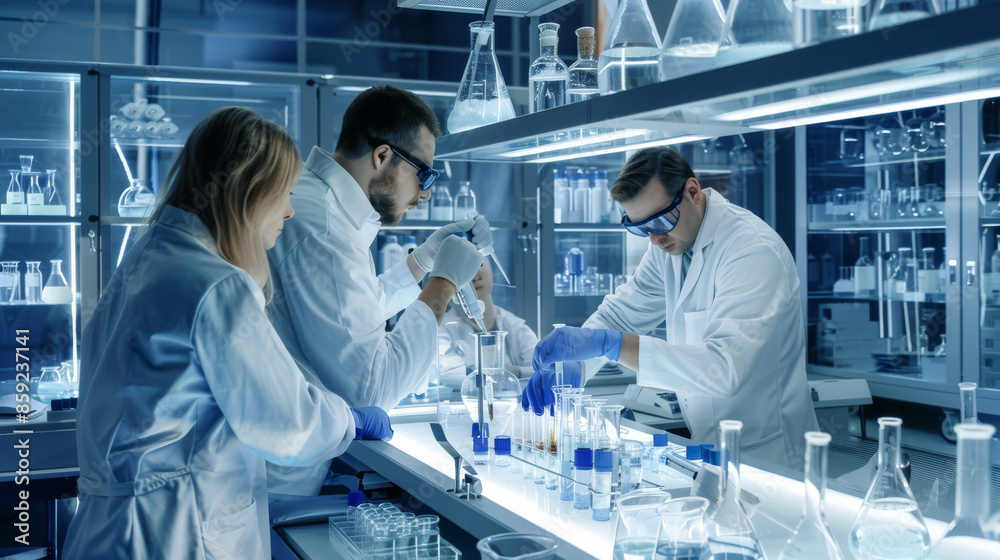 Scientists in a sleek laboratory collaborate on experiments, showcasing ...