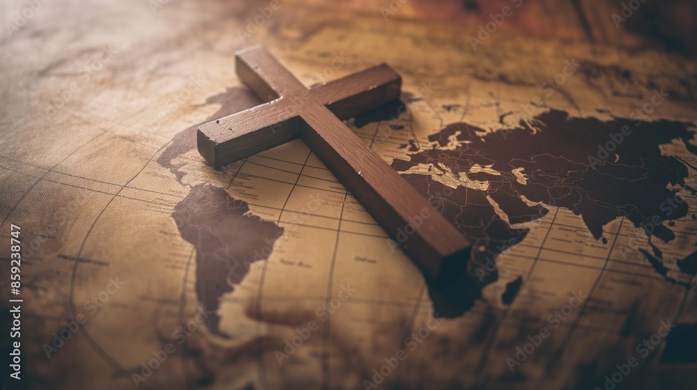 Christian cross lying on the world map. Holy cross of Jesus Christ and ...
