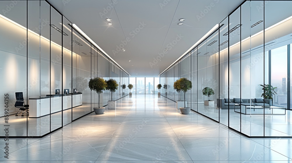 A modern minimalist trading company office, white walls on both sides ...