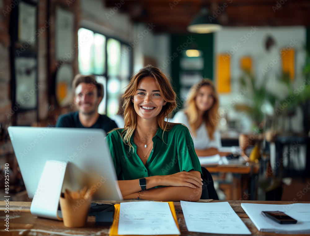 Happy colleagues collaborating in a modern office space, fostering ...