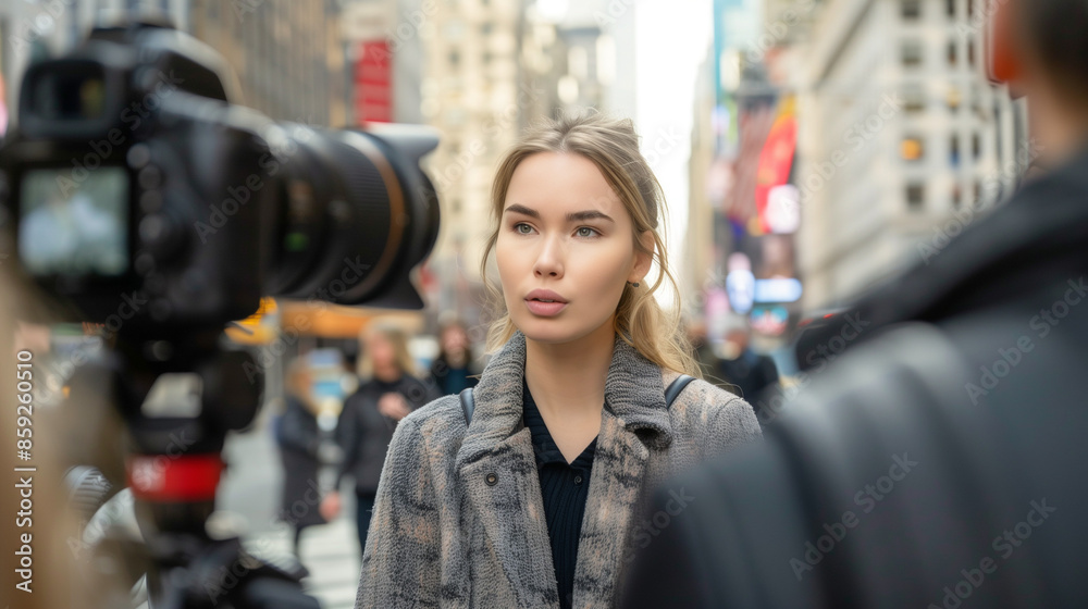 A beautiful female journalist is conducting an interview with an ...