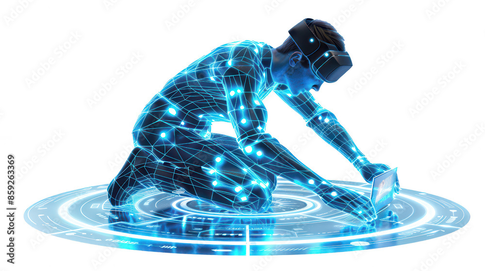 Virtual Reality Immersion, Digital Person in VR Suit Interacting ...