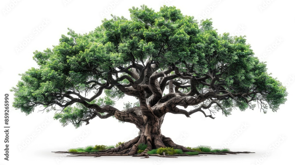 Grand old tree with a wide canopy, isolated on a white background ...