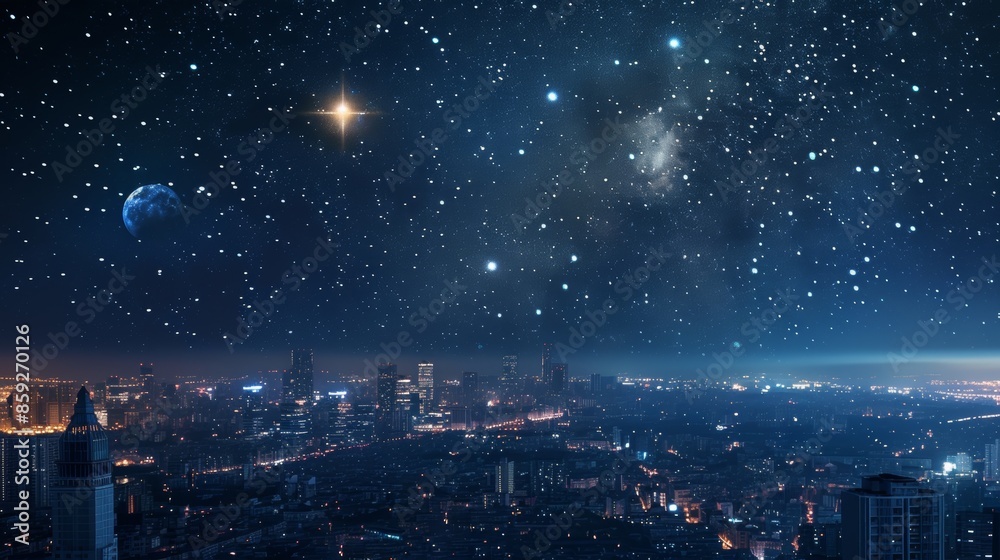 Stunning night city skyline featuring illuminated buildings and vast ...