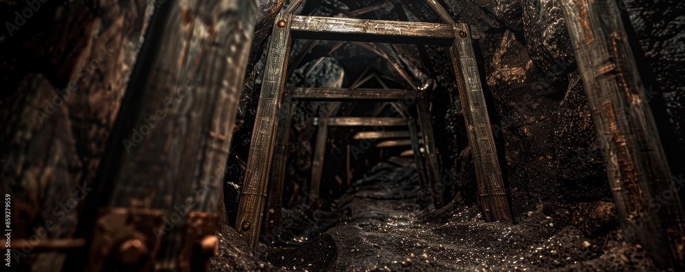 Dimly lit old mine shaft with wooden beams and rough rocky walls ...