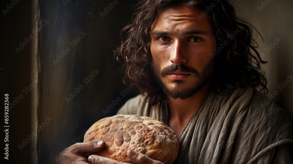 Jesus holding bread, symbolizing holy communion, in misty background ...