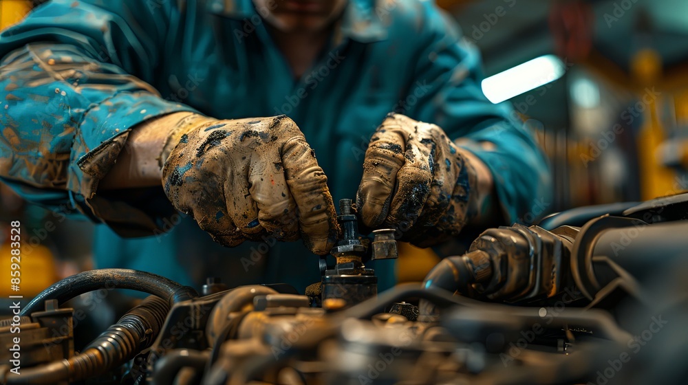 A dedicated mechanic, clad in a blue uniform and gloves, is shown ...