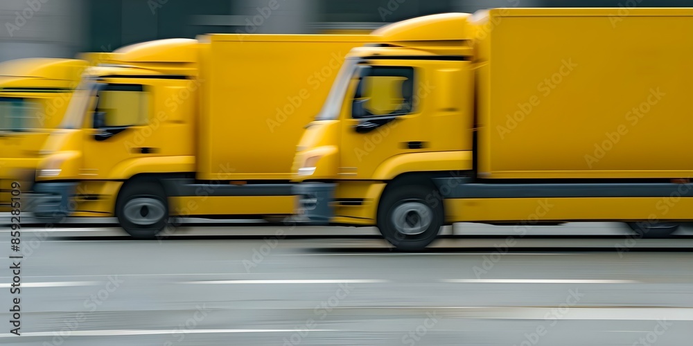 Row of moving and delivery trucks in yellow and white moving at ...
