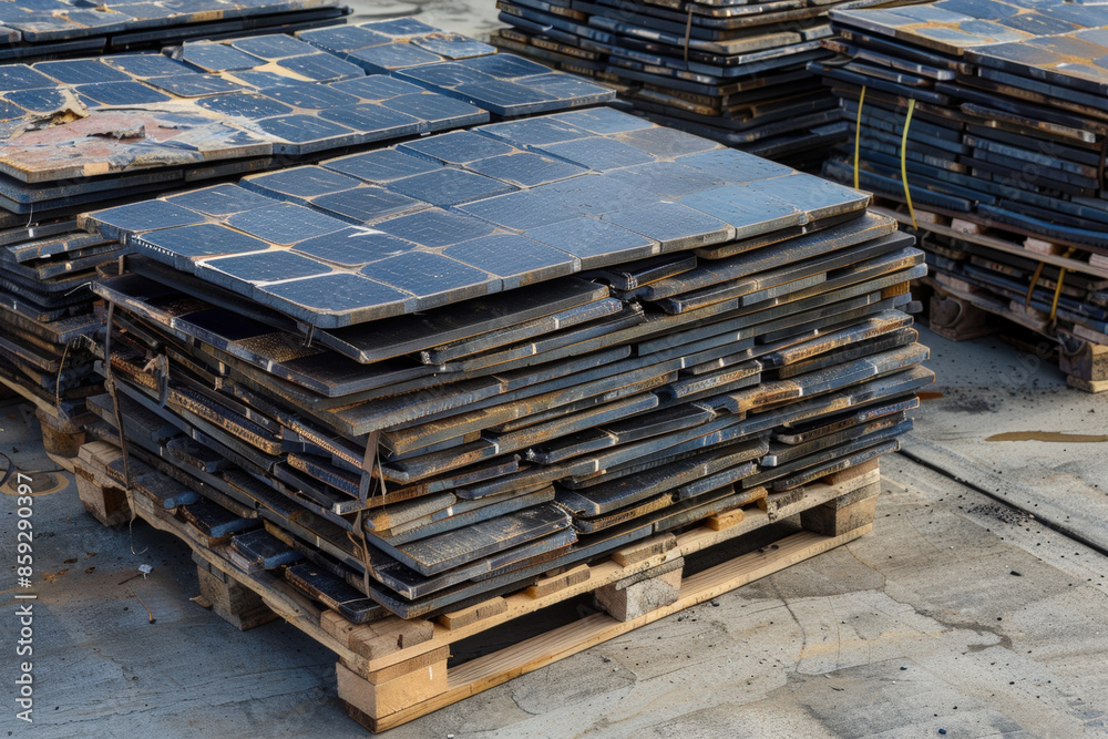 Broken solar panels stacked on top of each other on wooden pallets are ...