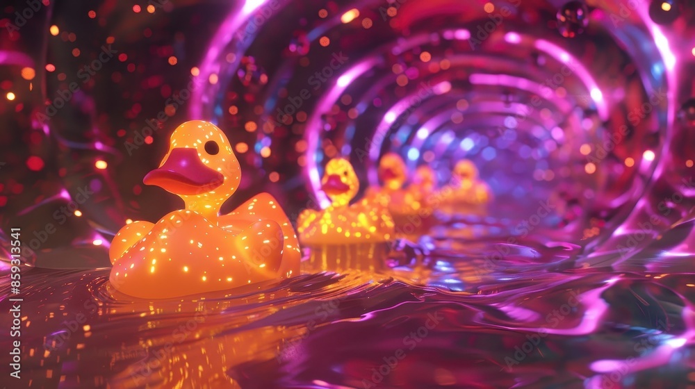 ภาพประกอบสต็อก Series of glowing rubber ducks floating in a water ...