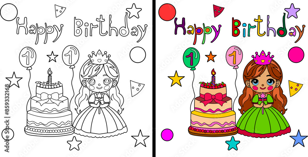 Cute cartoon princess with cake for kid's birthday. Coloring page ...