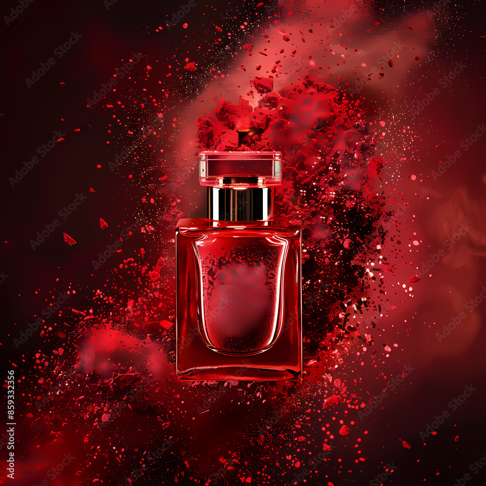 perfume flacon and coloroful red pigments dust , cosmetic bottle ...
