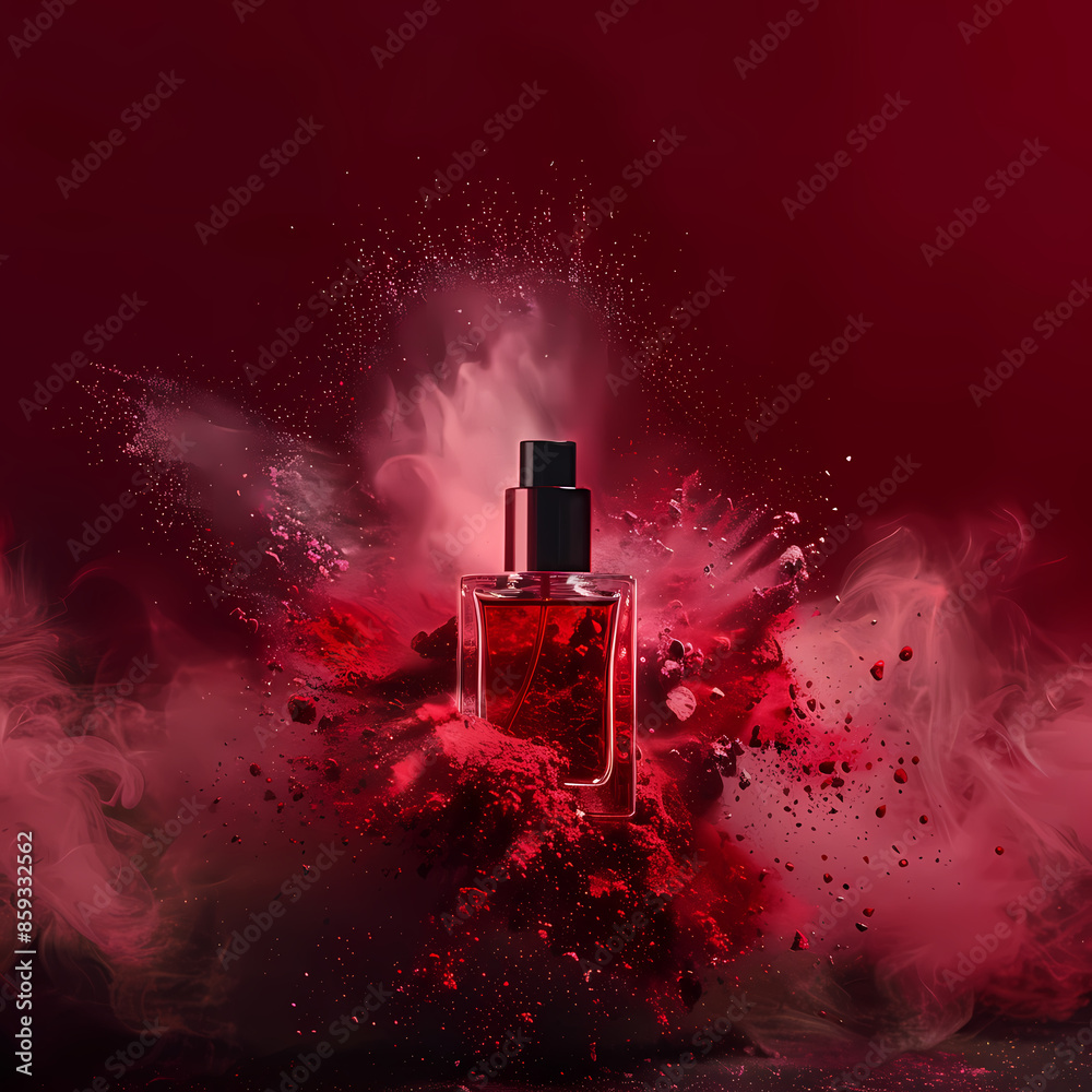 perfume flacon and coloroful red pigments dust , cosmetic bottle ...