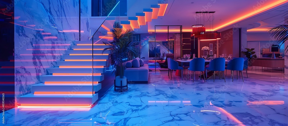 Stylish L-shape floating neon stairs with RGB LED under-tread ...