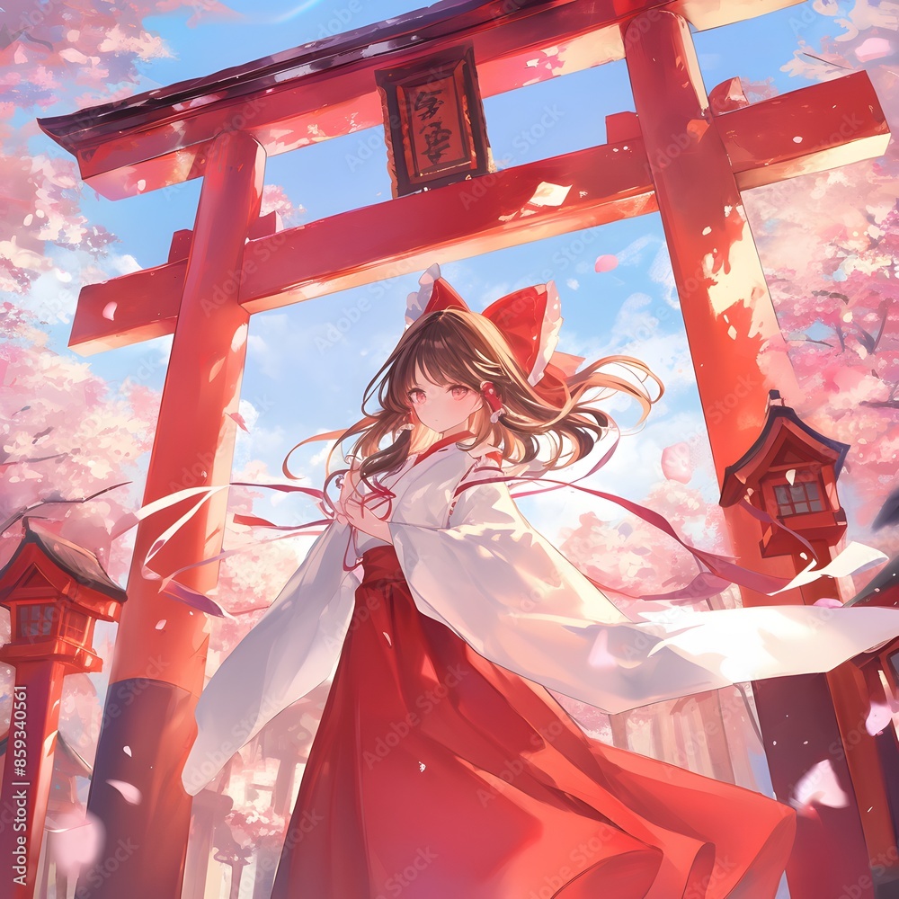 Anime girl dressed as a traditional shrine maiden, surrounded by cherry ...