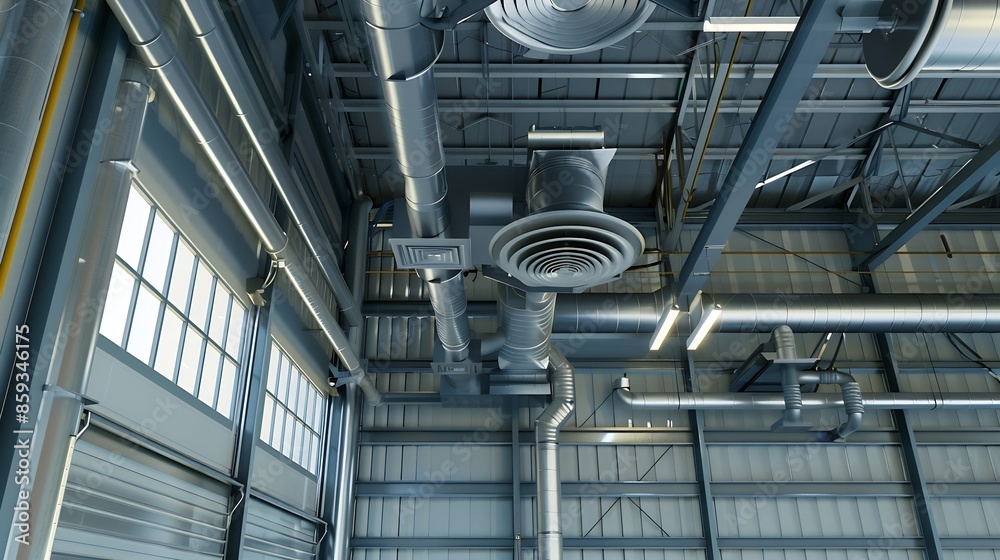 Industrial building with steel roof construction and installed exhaust ...