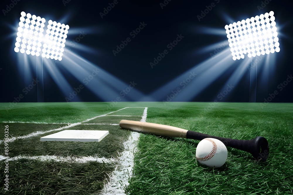 Baseball field under stadium lights Pristine turf, bat, ball ...