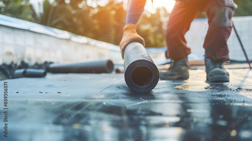 professional roofer applying bitumen roll on flat roof with a gas ...