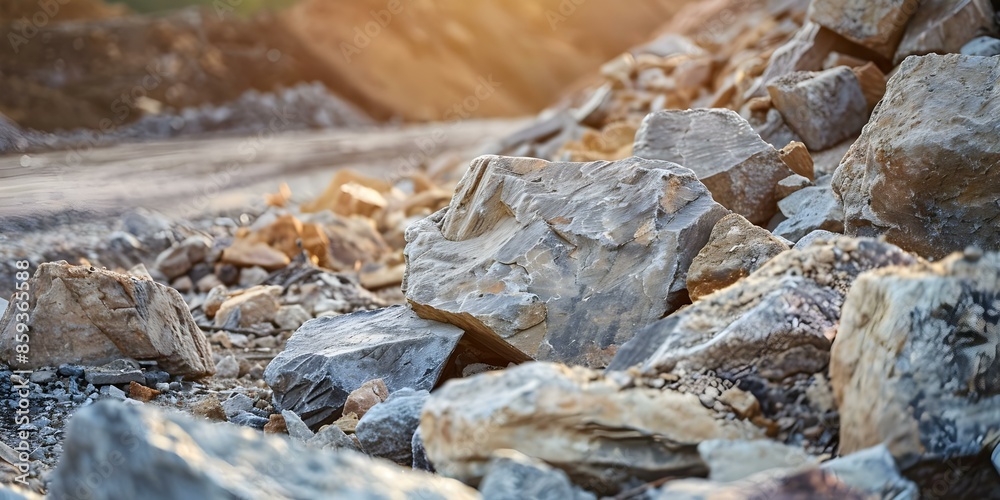 Rocks in focus at an open pit mine site during the mining process ...