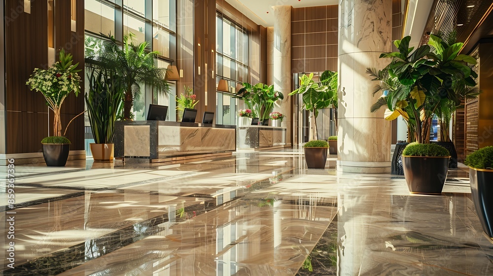 Interior of luxurious hospitality industry lobby at hotel filled with ...