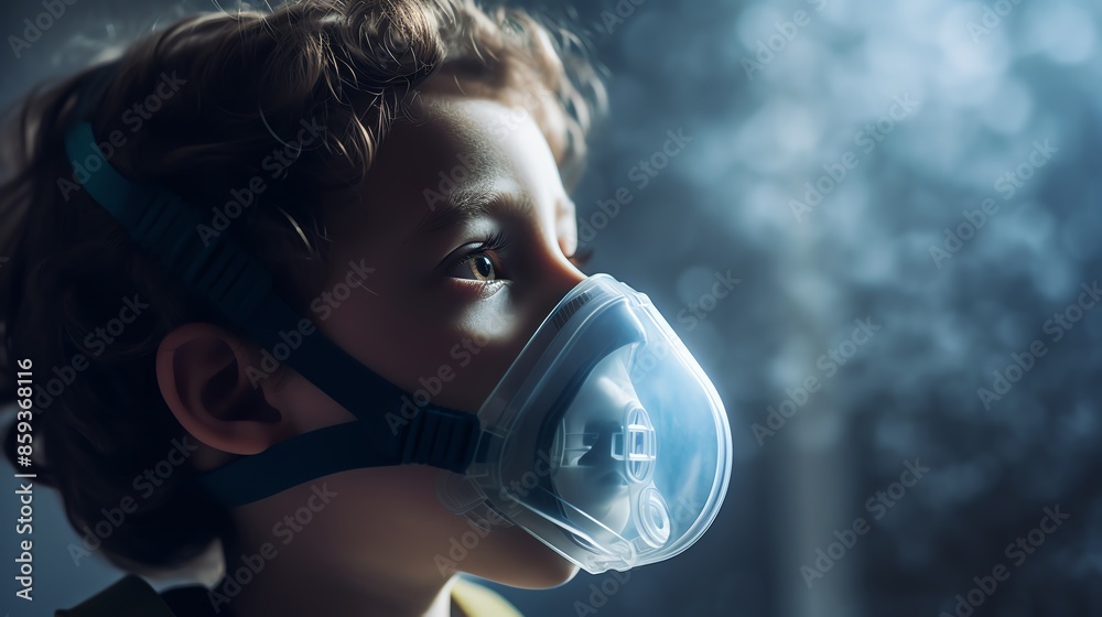 Child Using Breathing Treatment A closeup of a boys face, wearing an ...
