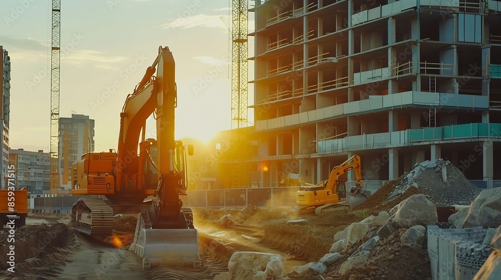 Construction Site On Sunny Evening Industrial Excavator Loading Rocks ...