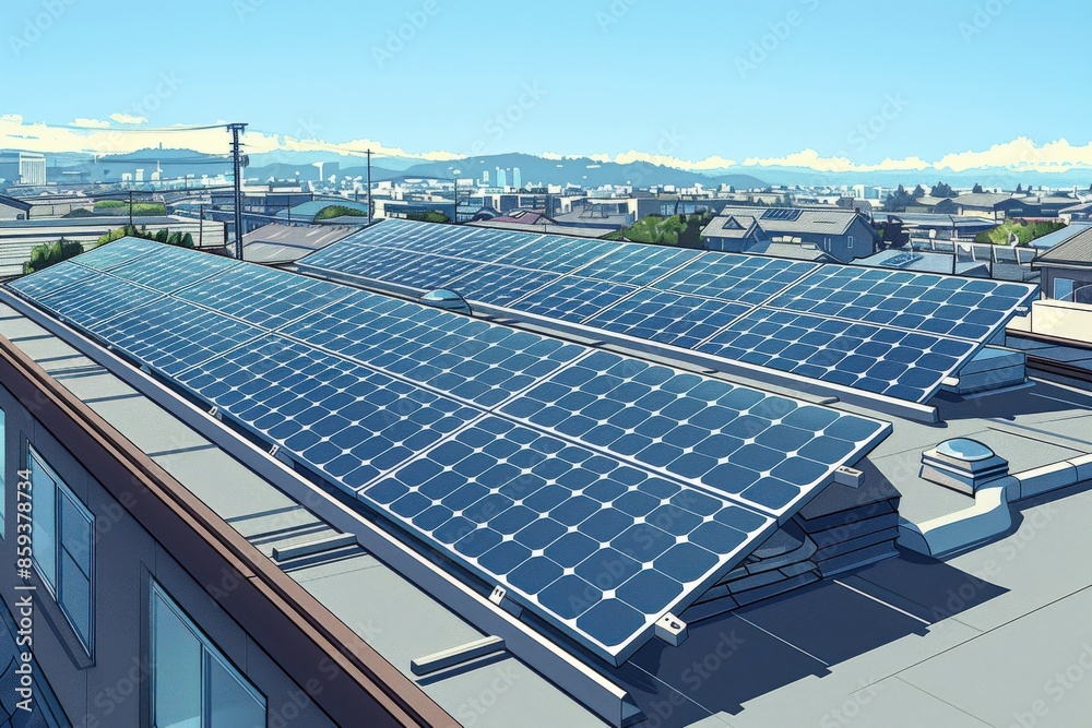 Clipart illustration of a rooftop with multiple solar panel arrays ...