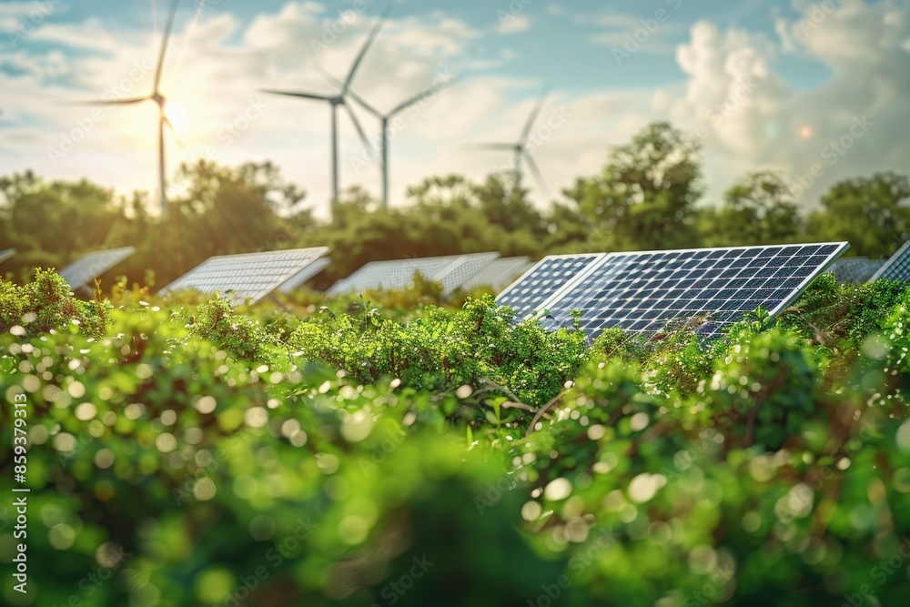 Clipart illustration of a renewable energy farm combining wind turbines ...