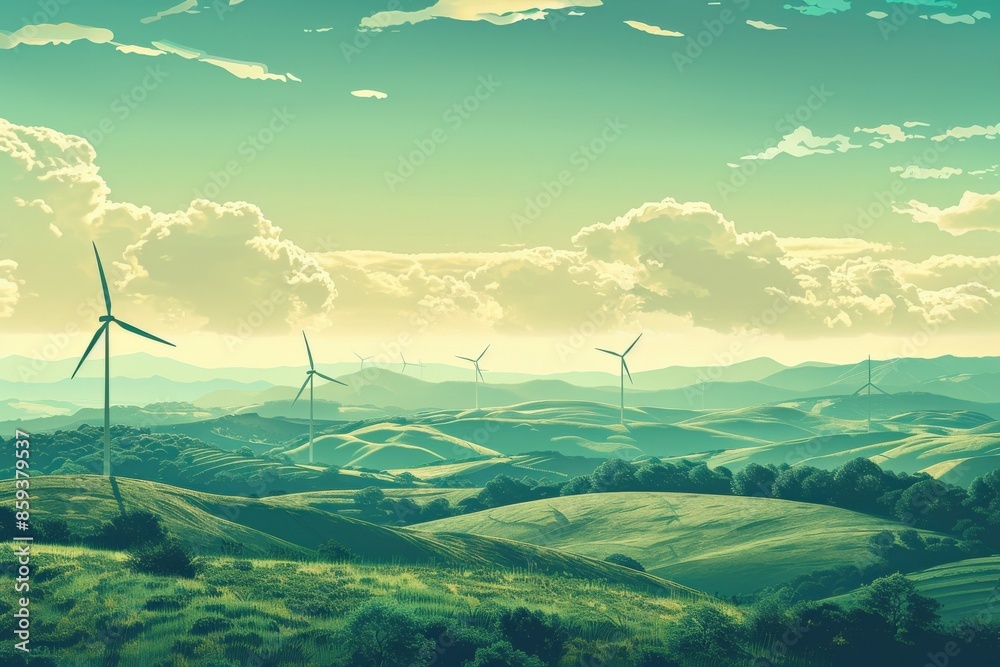 Clipart illustration of wind turbines on a rolling hill landscape ...