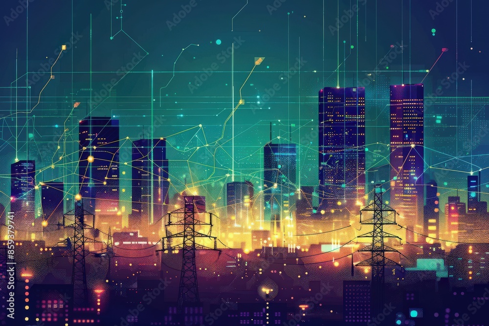 Clipart illustration of a city's smart grid infrastructure, showing how ...