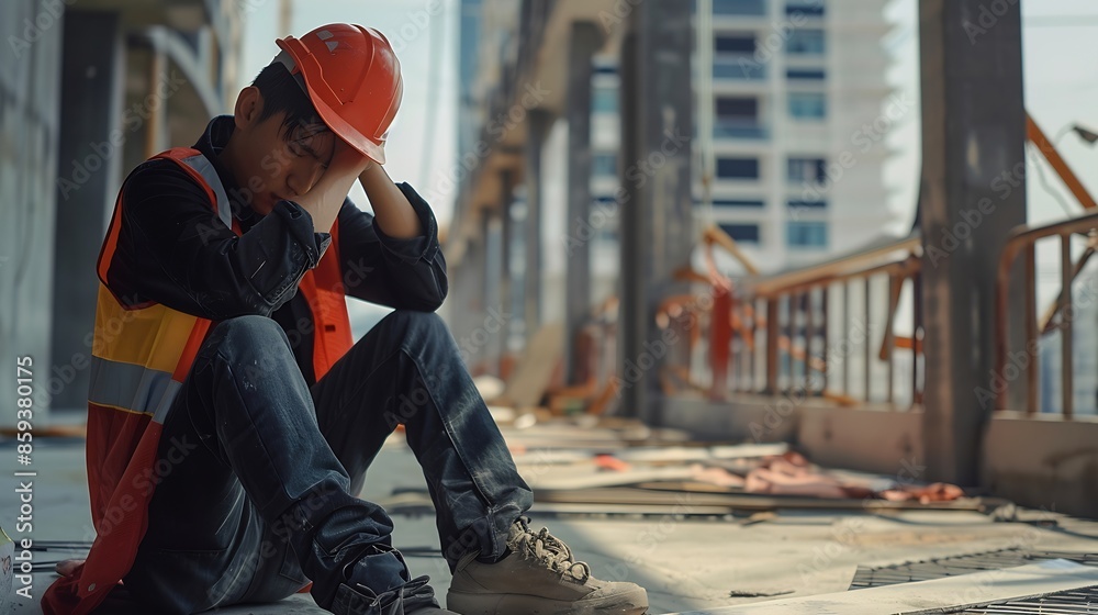 Foto de Young Asian male construction worker staff feeling sad and ...