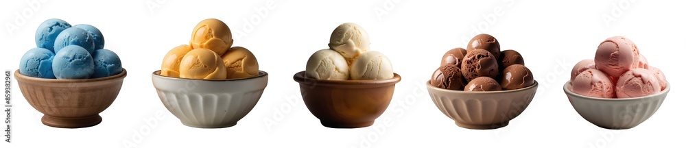 Set collection of delicious multi flavour ice cream in different bowls ...