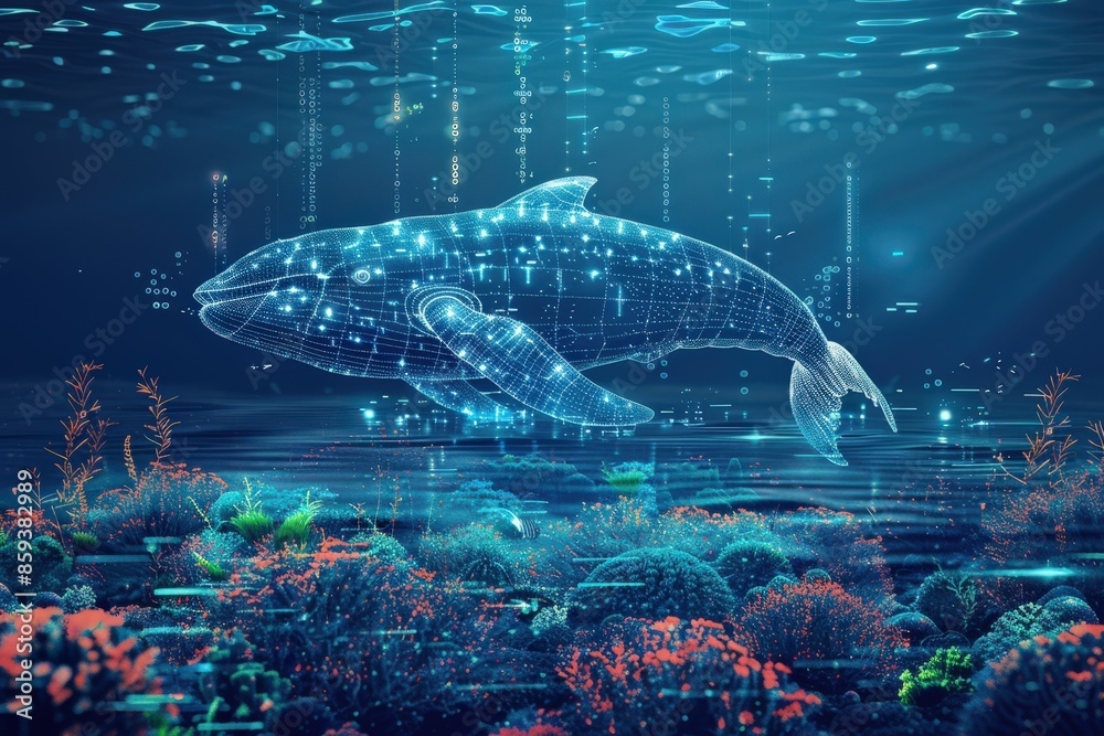 Realistic illustration of AI monitoring ocean ecosystems, aiding in the ...