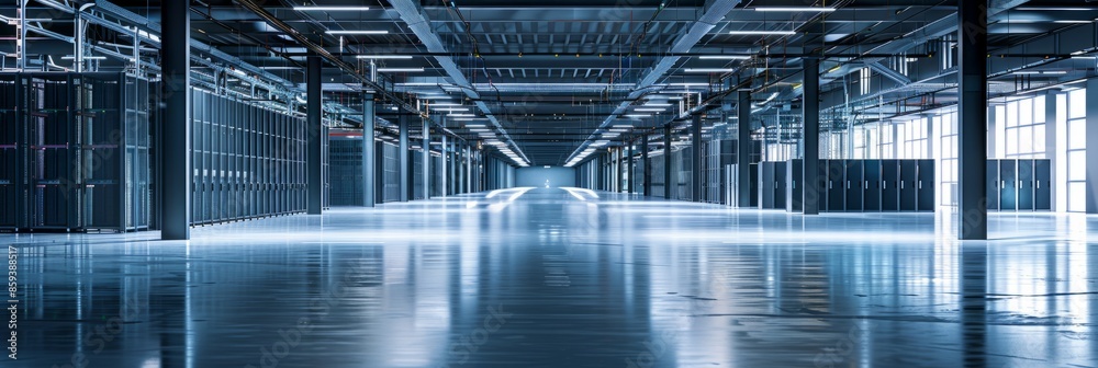A wide-angle shot showcasing a vast, modern data center. The image ...