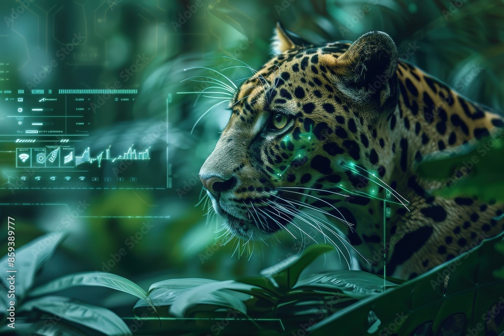 Realistic depiction of AI monitoring wildlife populations and habitats ...