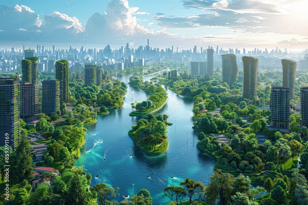 Realistic depiction of AI algorithms managing water resources in a ...