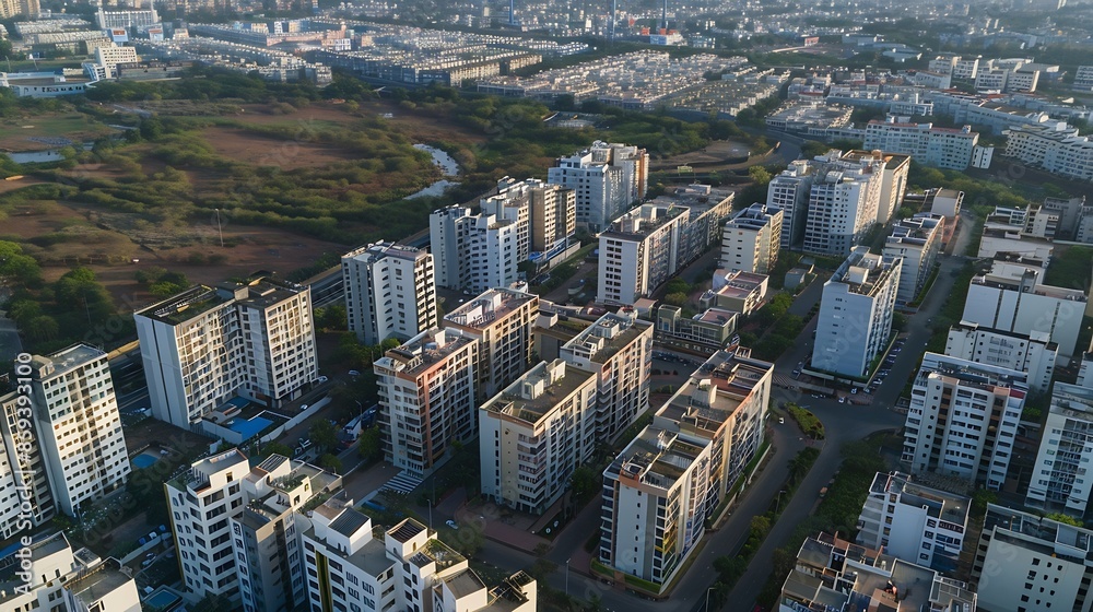 Aerial view of residential houses and highrise buildings in Virar city ...
