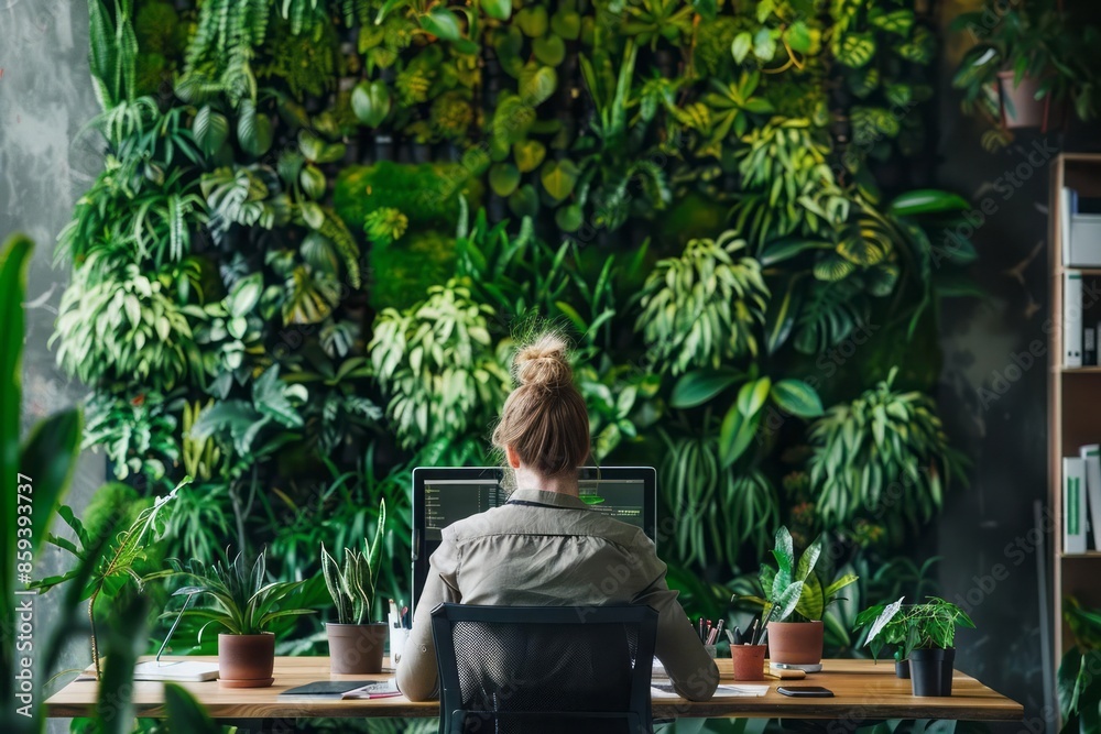A person working in an office with a green wall and plenty of indoor ...