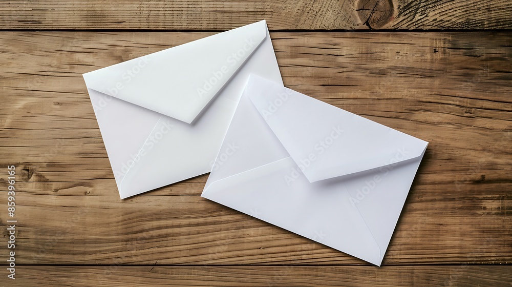 Blank paper envelopes on wooden table background Front and back side ...