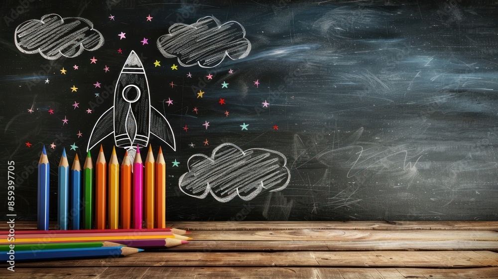 Blackboard with chalk drawing of rocket and sky on background. Back to ...