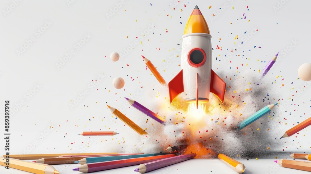 Pencil rocket exploding out of the bottom with smoke from an engine on ...