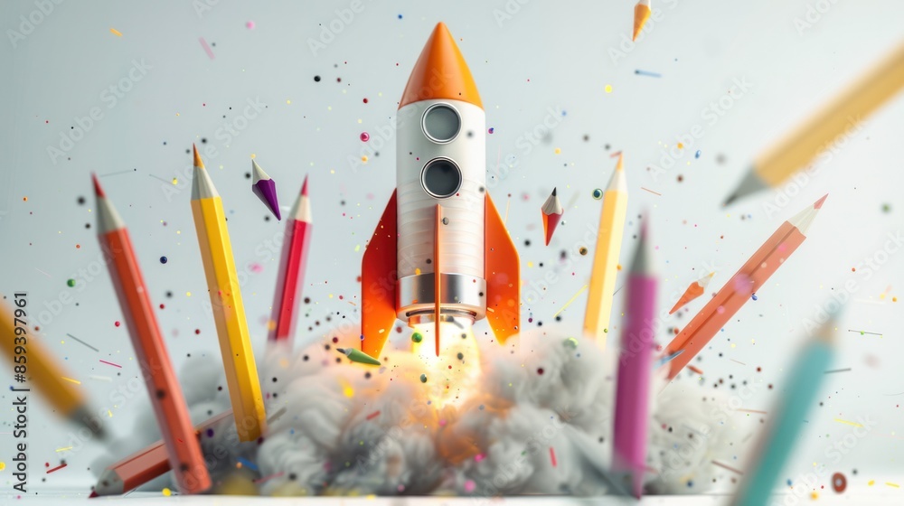 Pencil rocket exploding out of the bottom with smoke from an engine on ...