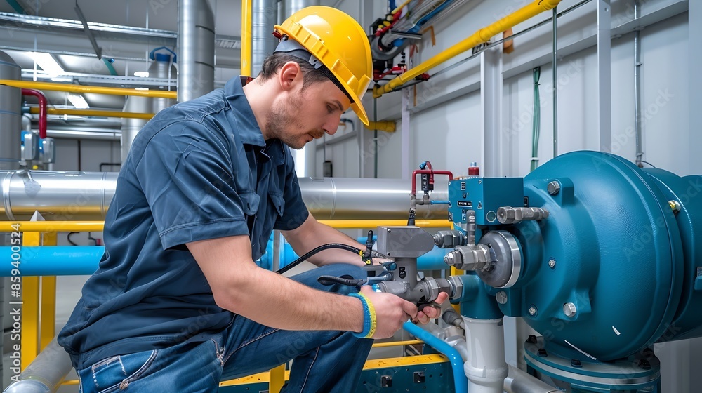Engineer checking operating Industrial Chillers hot water pump and pipe ...