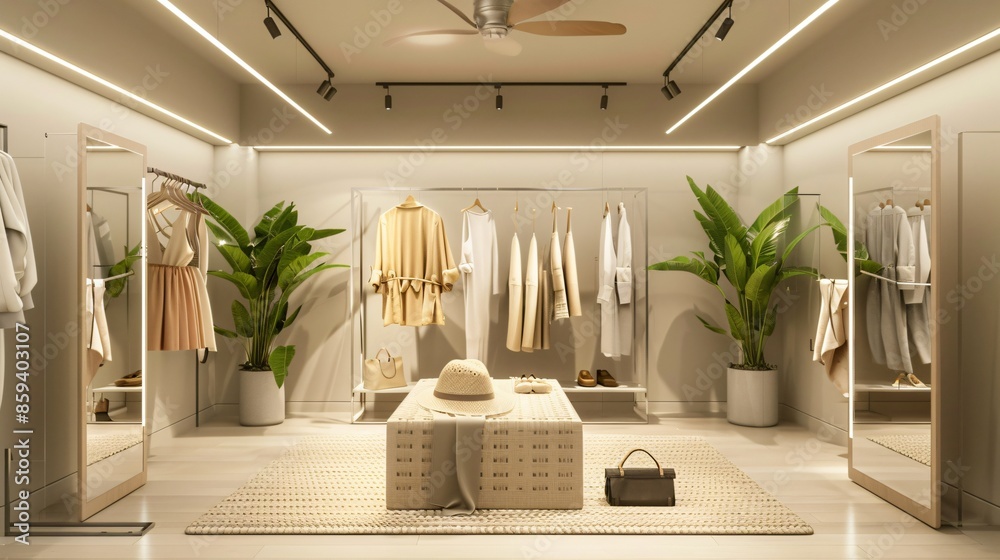 A modern fashion showroom with a monochromatic color scheme, featuring ...